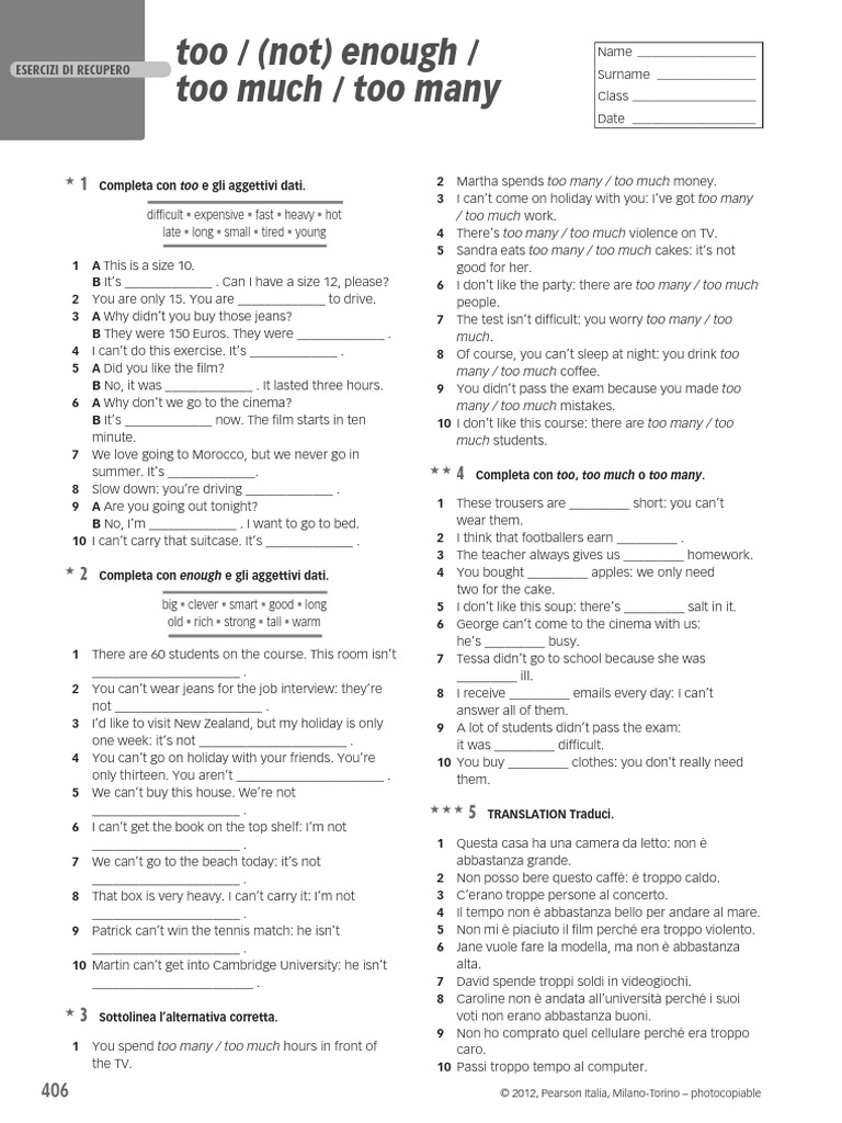 SSSG INGLESE Too (Not) Enough Too Much Too Many | PDF