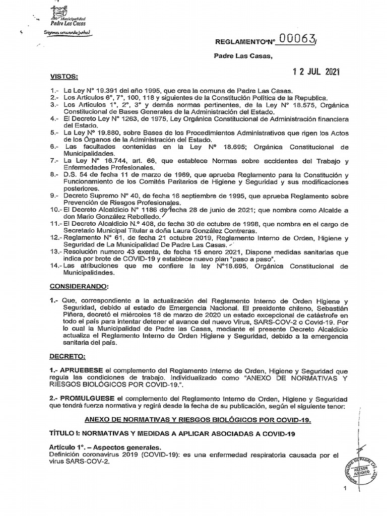 Reglamento Interno de Orden, Higiene y Seguridad - Anexo Covid-19 | PDF