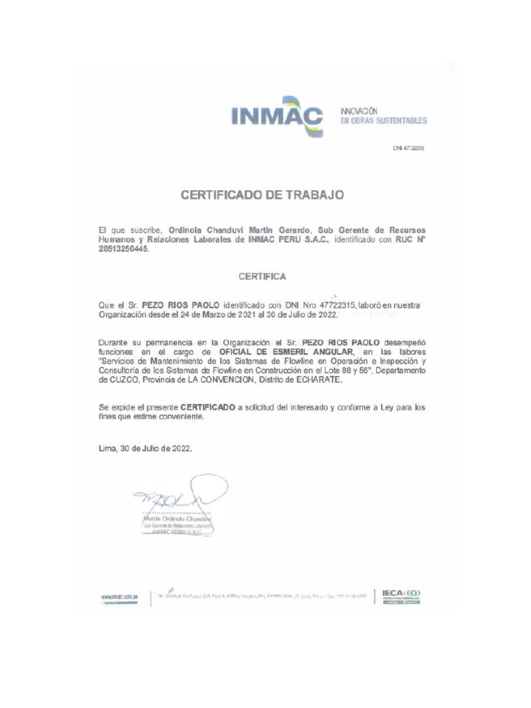 Paolo Rios Certificado de Trabajko | PDF