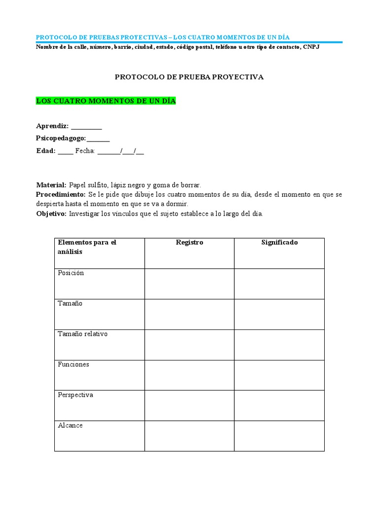 Protocolo de Pruebas Proyectivas - Los Cuatro Momentos de Un Día | PDF