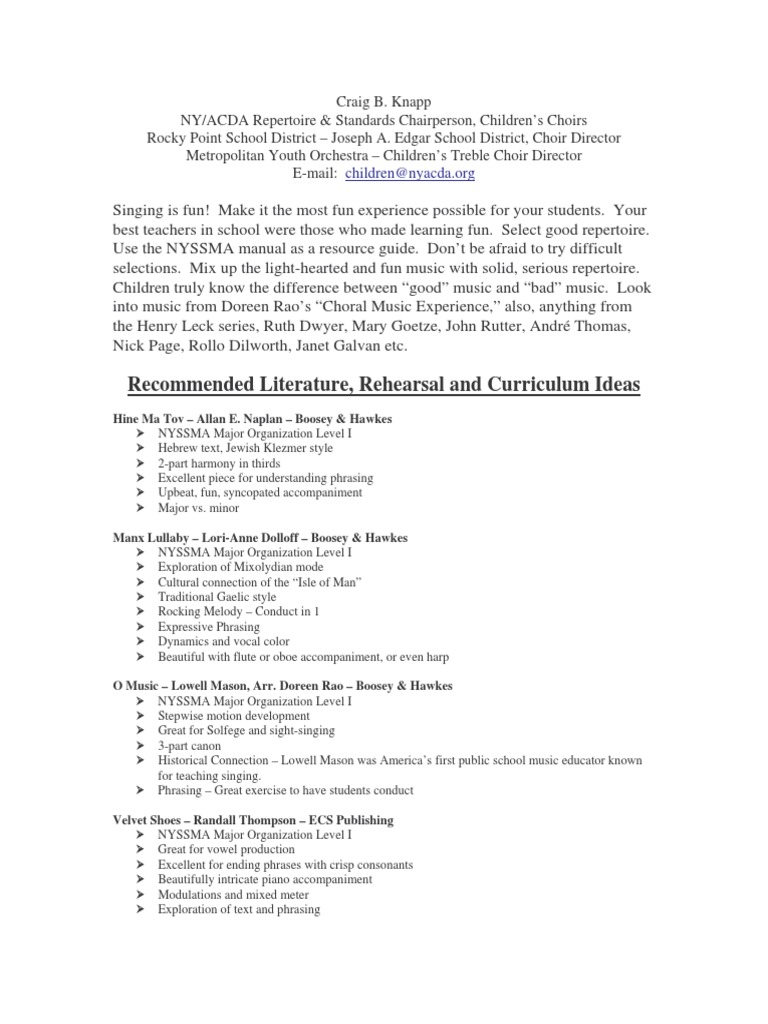 Childrens Choir Repertoire Recommended Literature List | PDF | Choir ...