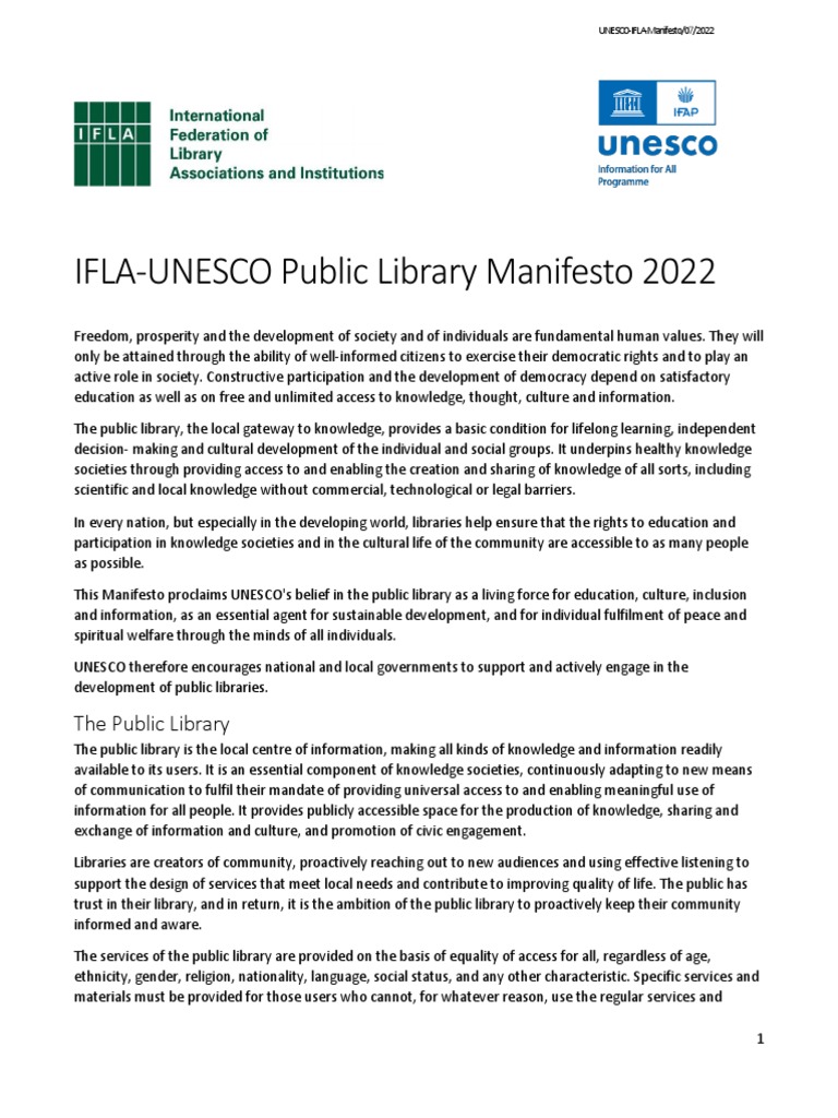 IFLA Unesco Public Library Manifesto 2022 | PDF | Libraries | Public ...