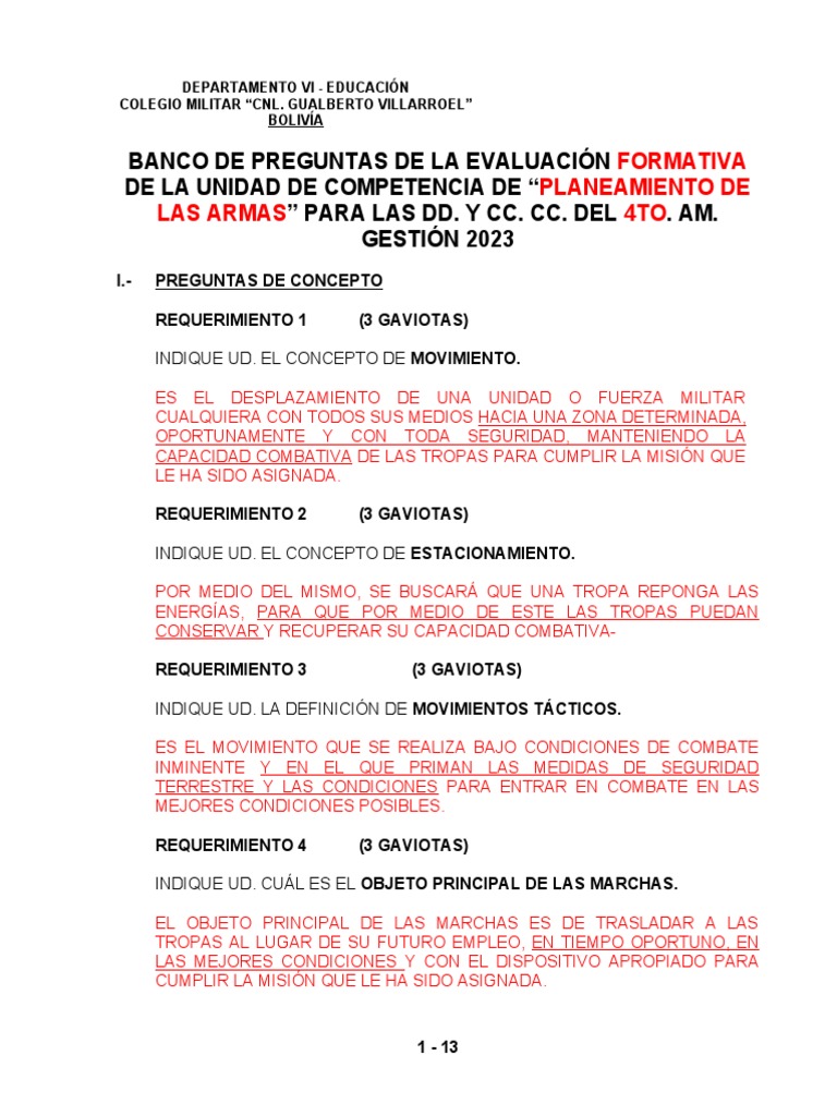 Banco de Preguntas Movimientos, Estacionamiento y Ofensiva | PDF | Militar