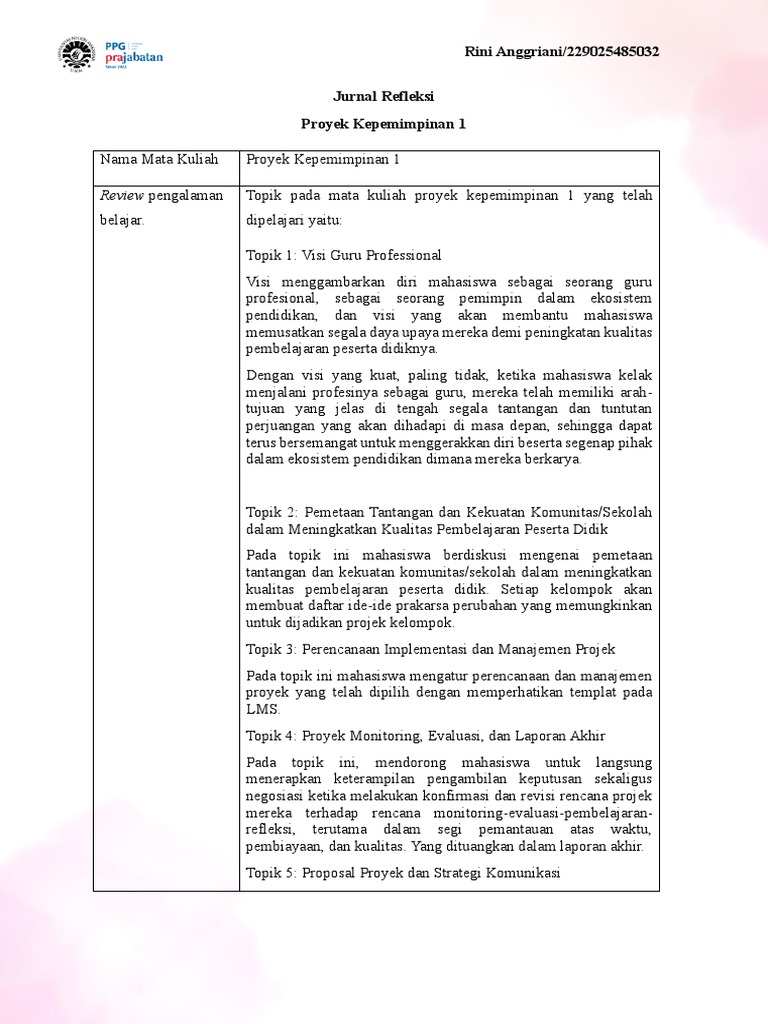 Jurnal Refleksi Proyek Kepemimpinan I - Rini Anggriani | PDF