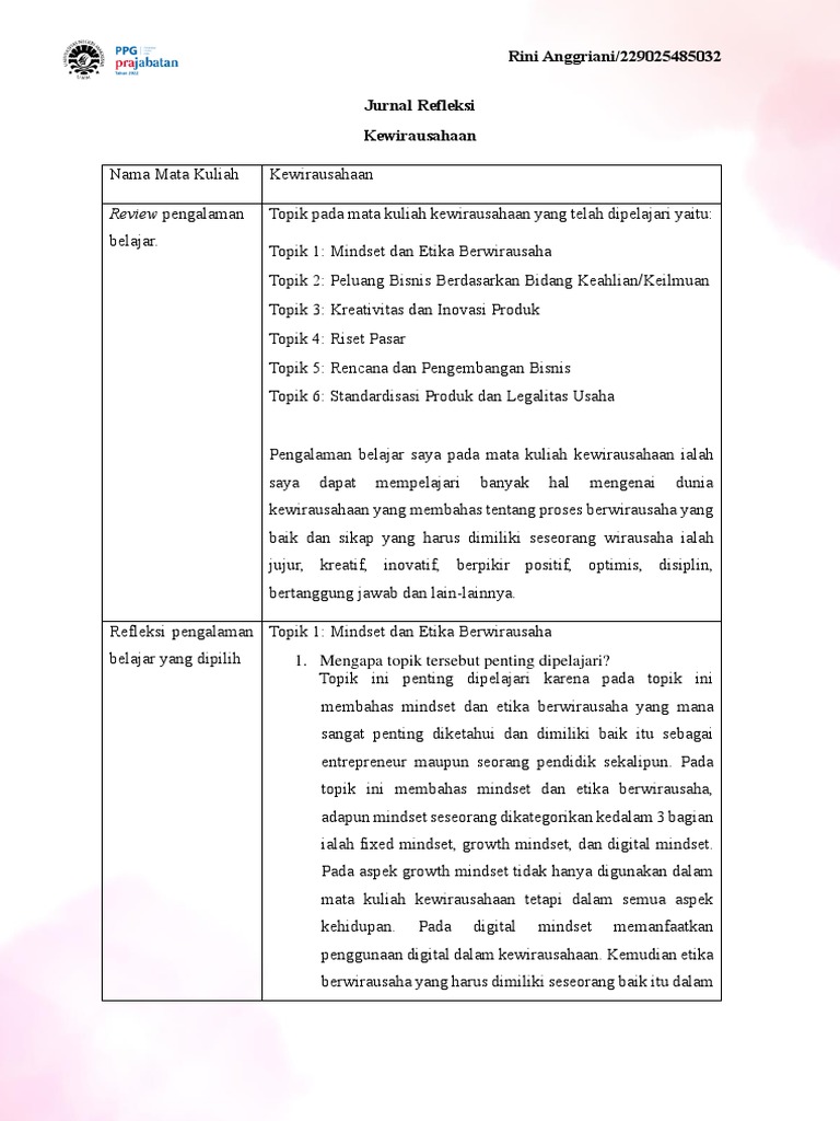Jurnal Refleksi Kewirausahaan - Rini Anggriani | PDF