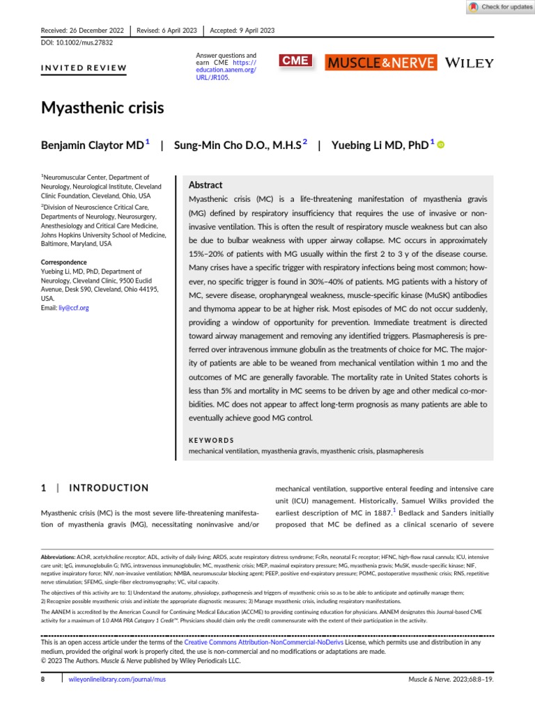 Muscle and Nerve - 2023 - Claytor - Myasthenic Crisis BEST | PDF ...