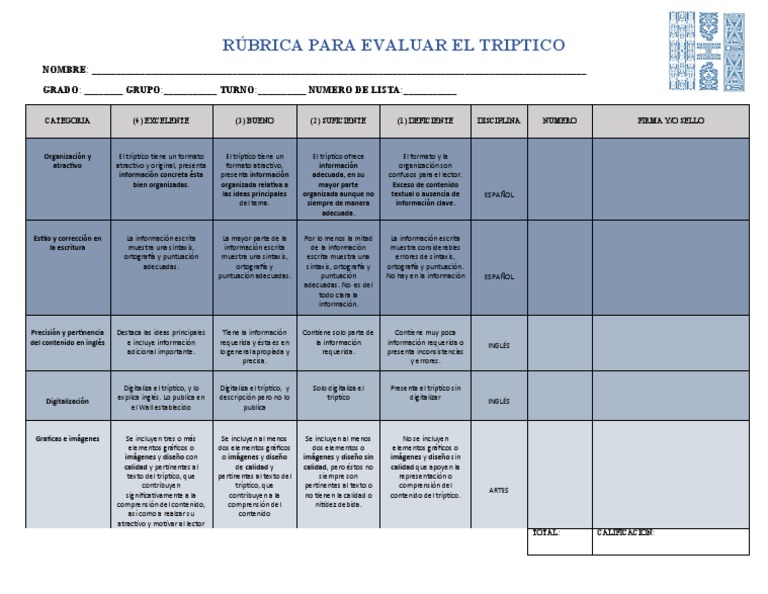 Rúbrica Para Evaluar Trípticos Pdf Puntuación Información