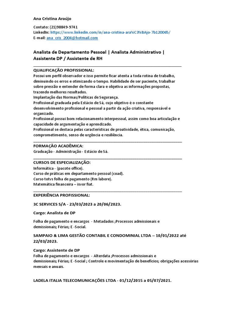Currículo Ana PDF Atualizado 6.2023 | PDF | Gestão de recursos humanos