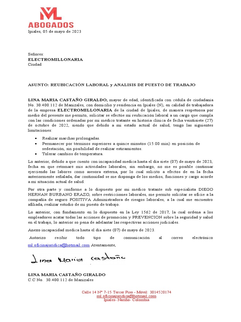 Solicitud de Reubicación Laboral y Analisis de Puesto de Trabajo | PDF | Finanzas y dinero | Derecho