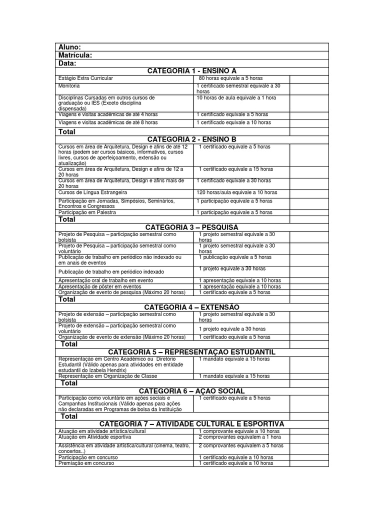 Modelo de Ficha de Atividades Complementares Design | PDF