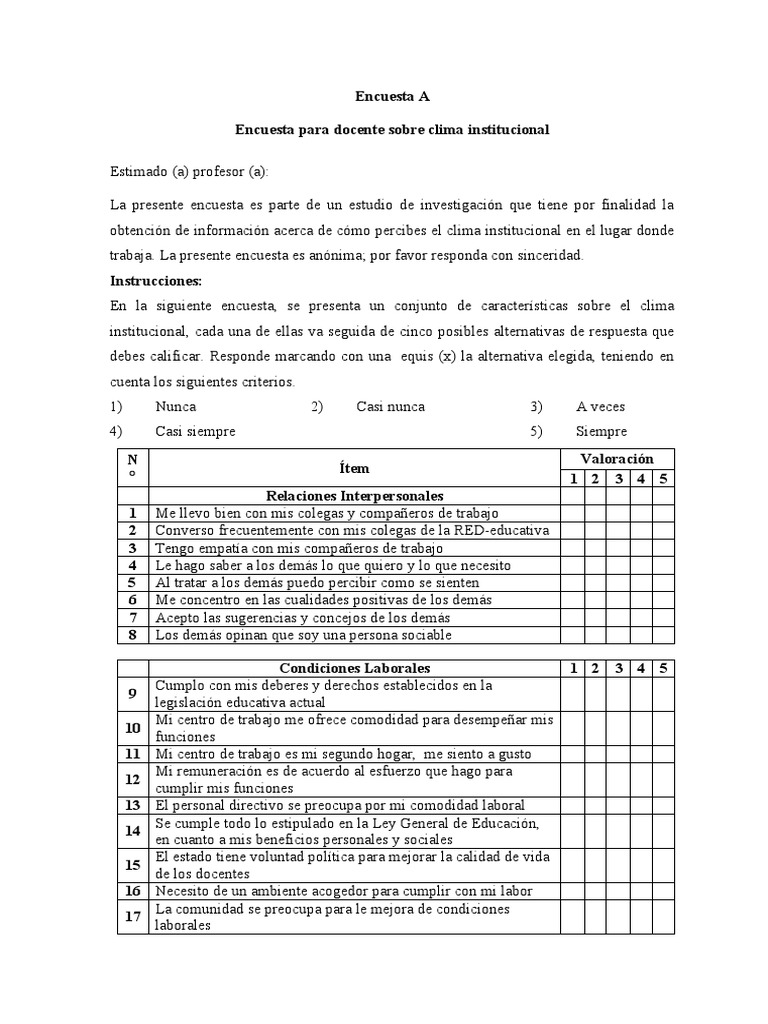 Cuestionario Clima Desempeño Docente | PDF | Metodología de encuesta | Maestros