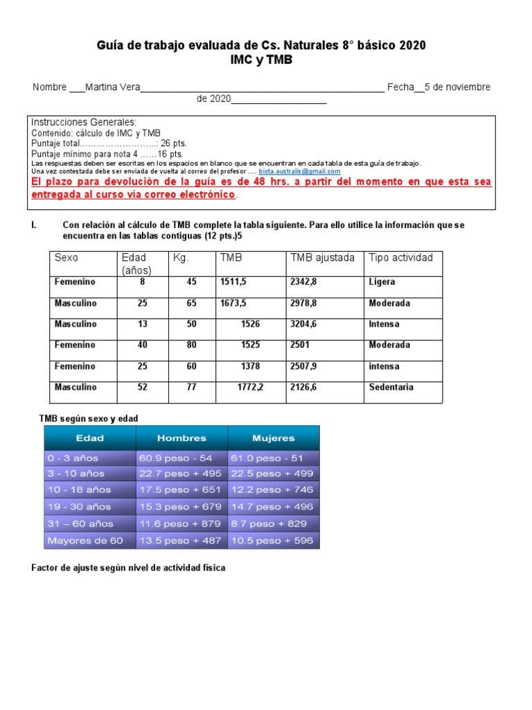 Guía de trabajo ev. de Cs. Naturales 8° básico 2020 TMB e IMC | PDF | Hiperalimentación | Peso