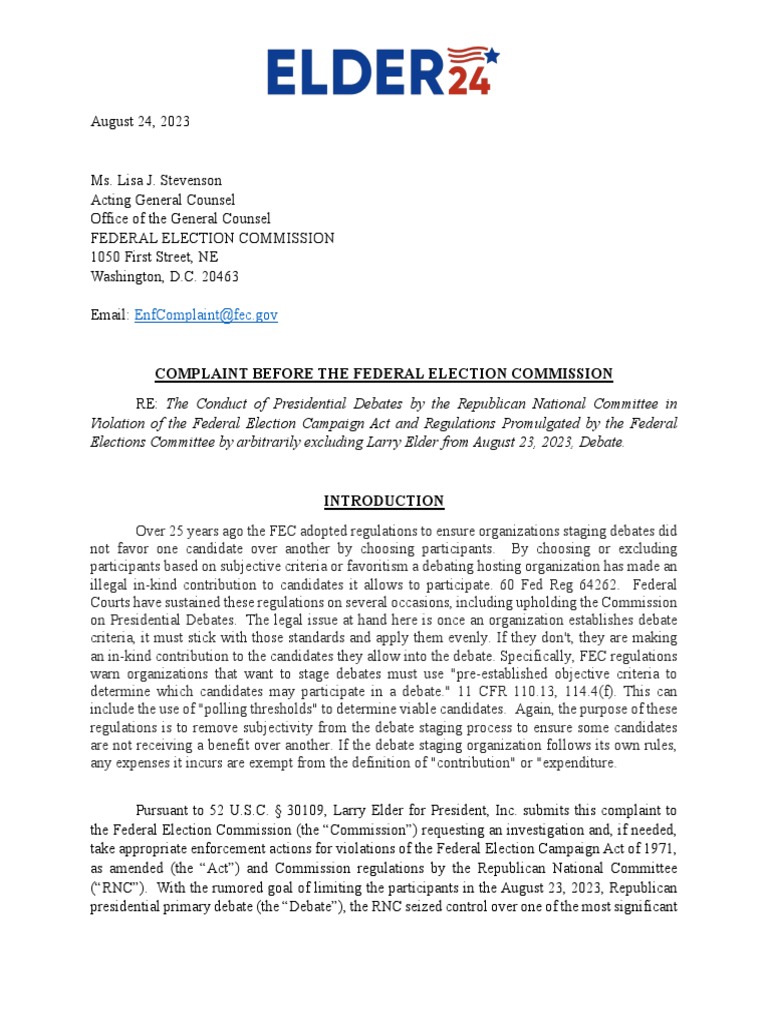 FEC Complaint - RNC - Larry Elder | PDF