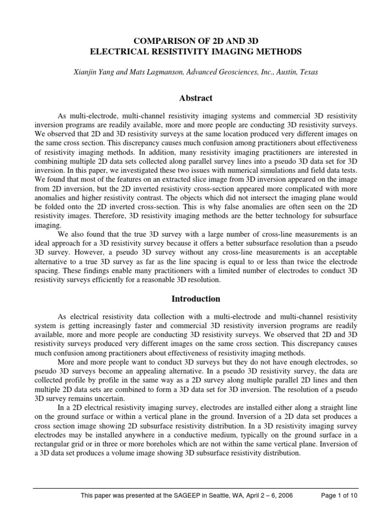 Comparison Of 2d And 3d Electrical Resistivity Imaging Methods Pdf