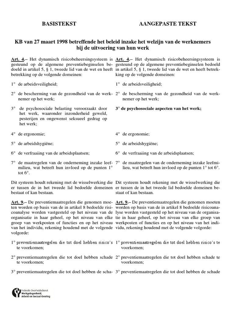 Psychosociale Risico's - Wetgeving - Gecoördineerde Tekst Algemene ...