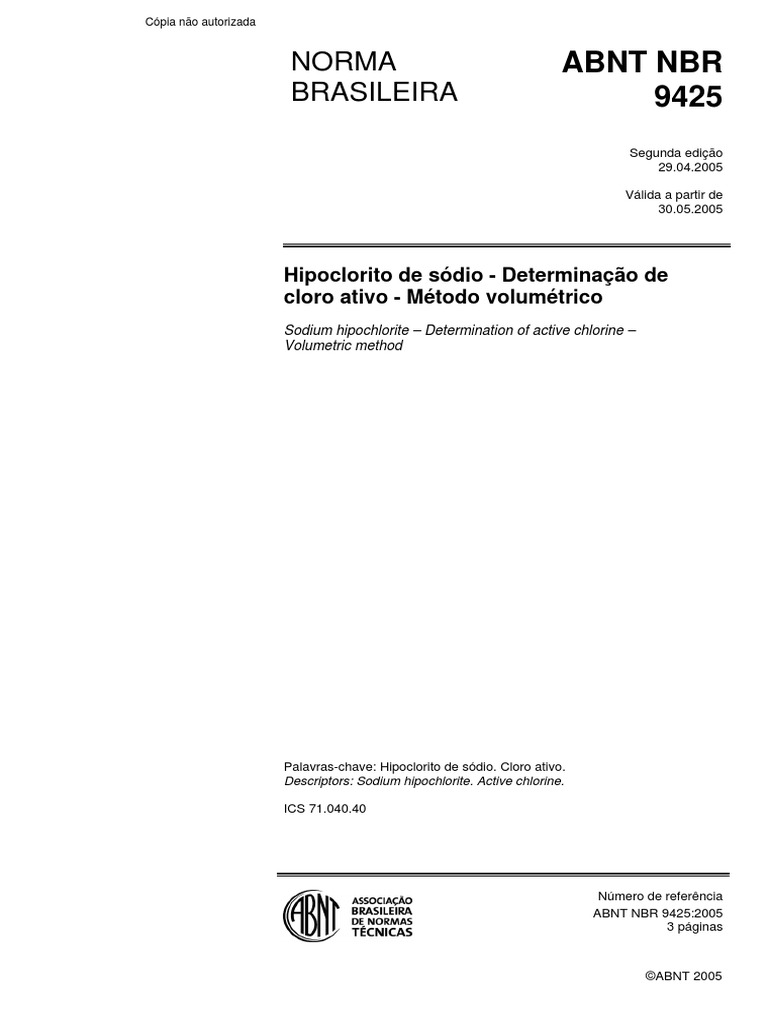 ABNT NBR 9425 - Solucao de Hipoclorito de Sodio Comercial - Determinacao Do Teor de Cloro Ativo ...