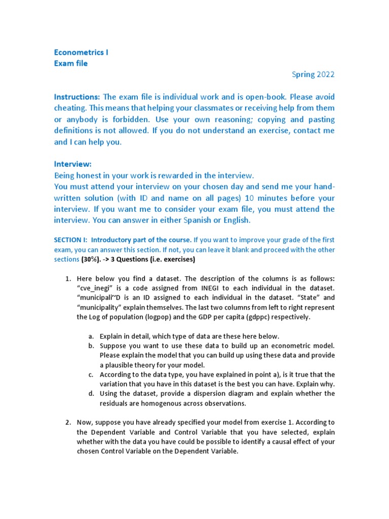 Econometrics I Final Exam Paper - Type 3 | PDF