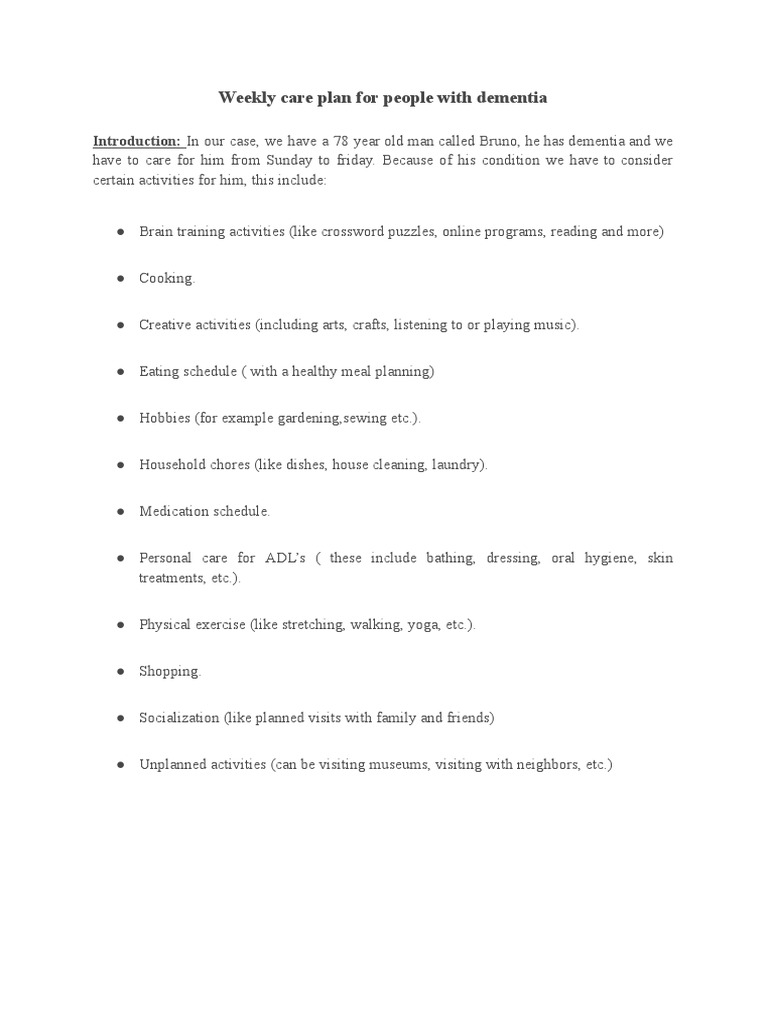 Weekly Dementia Care Plan for Bruno | PDF | Dementia | Clinical Medicine