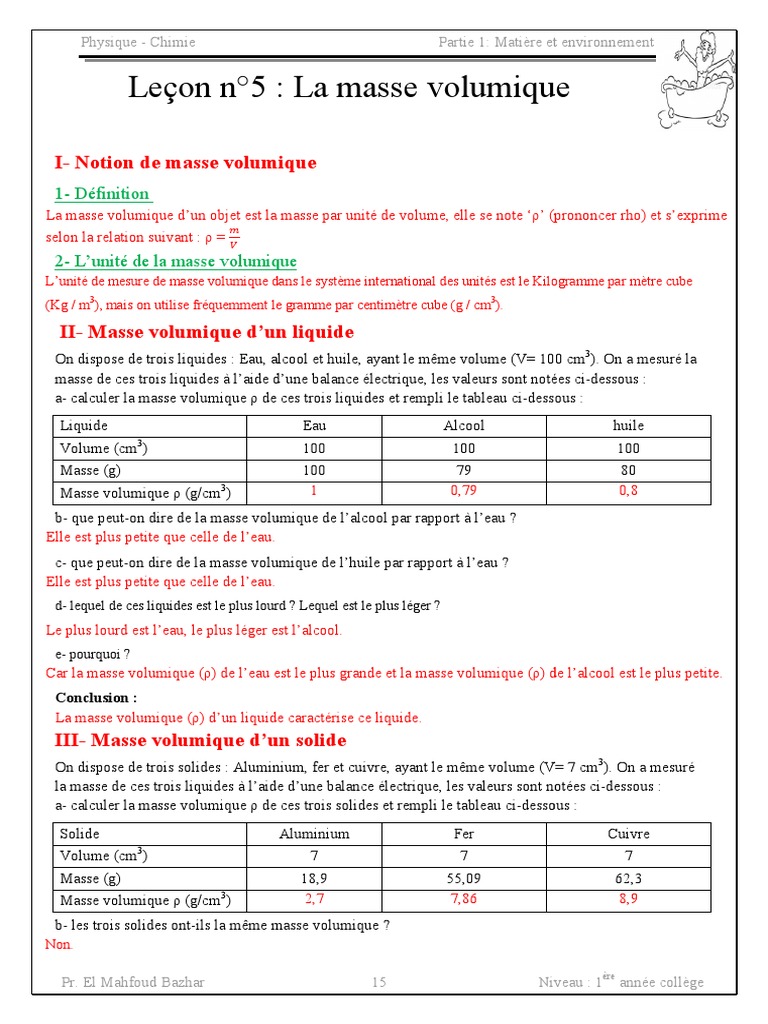 La Masse Volumique Cours 1 | PDF