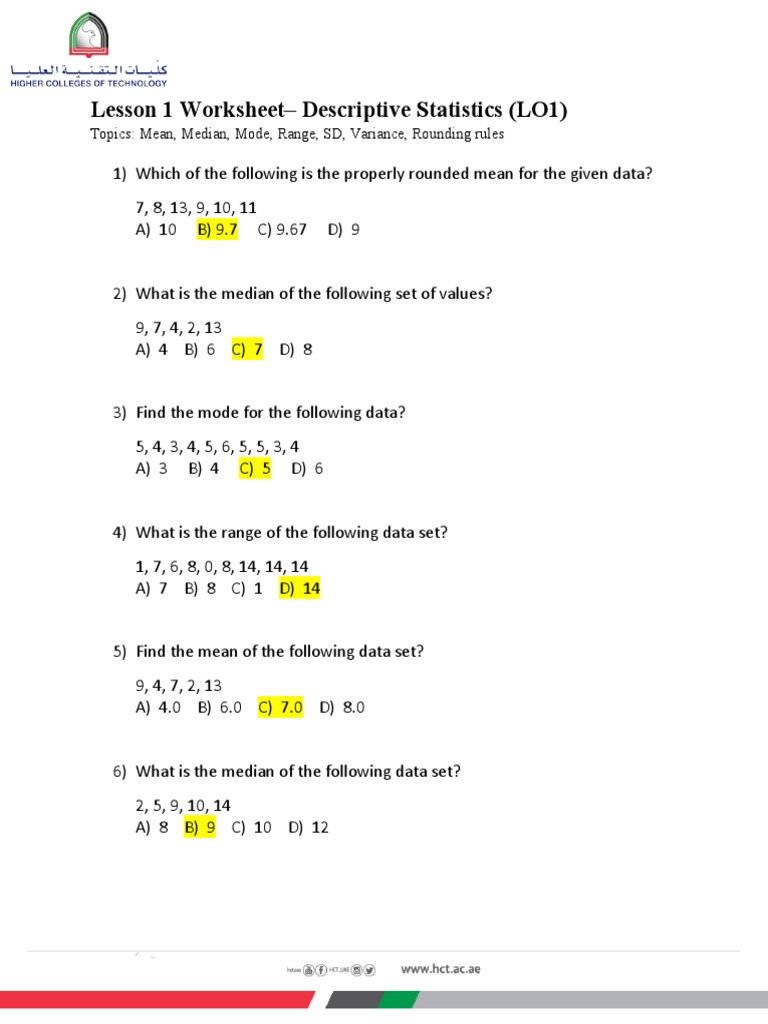 CLO1 Worksheet1 Descriptive Statistics | PDF | Standard Deviation | Mean