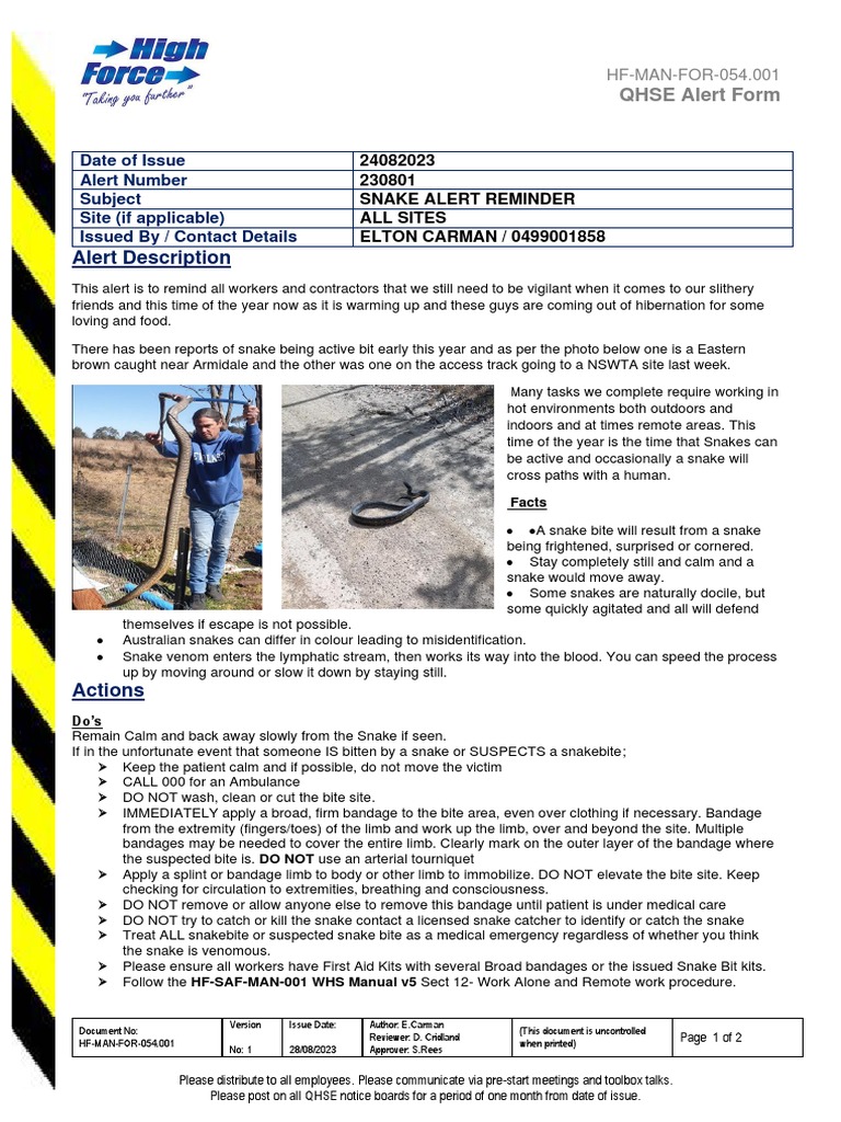 QHSE Alert Form Snake Alert Reminder | PDF | Snake