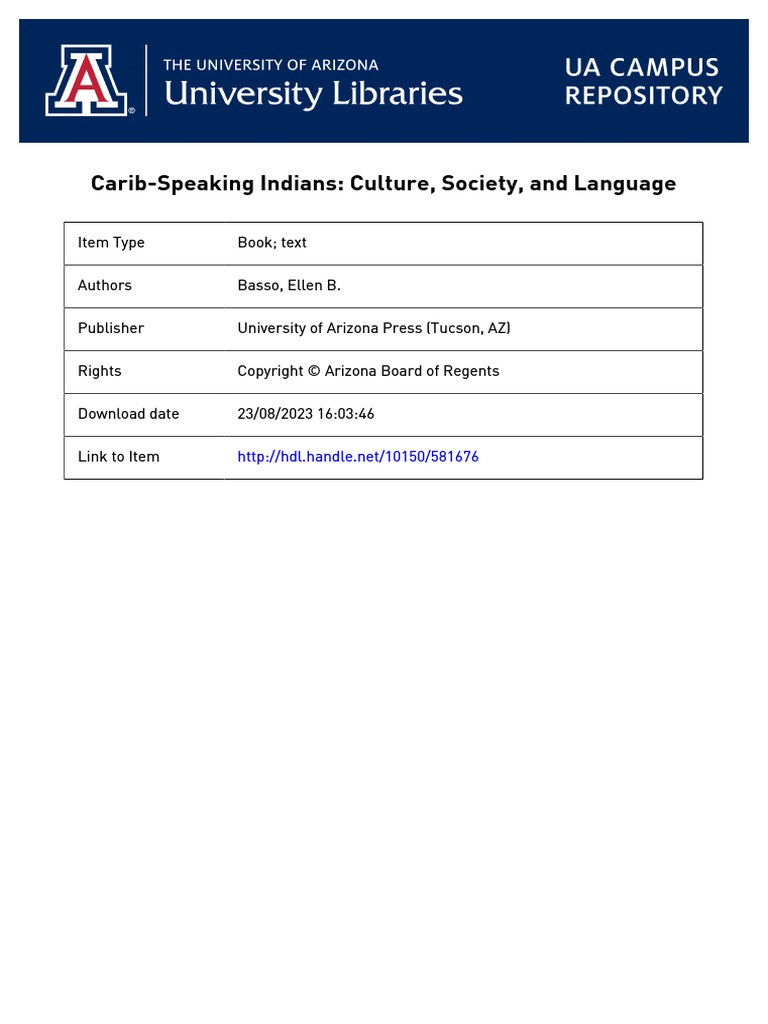 Carib-Speaking Indians Culture, Society, and Language | PDF