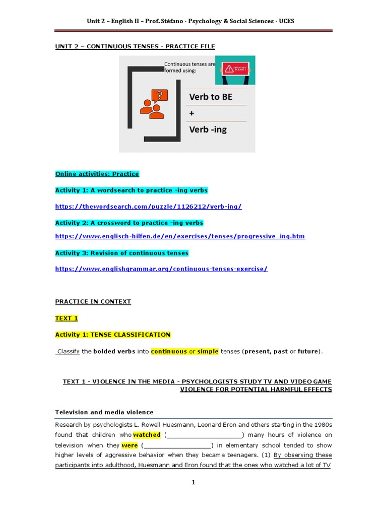 Continuous Tenses - Part 1 - Unit 2 - Practice - Stefano - S. Sciences - Uces | Download Free ...