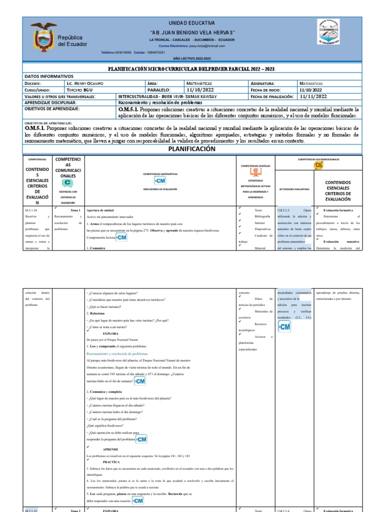 Planificación Matemáticas 3er BGU | PDF | Multiplicación | Evaluación
