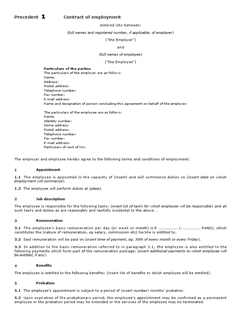 Precedent 1 Contract of Employment - SA | PDF