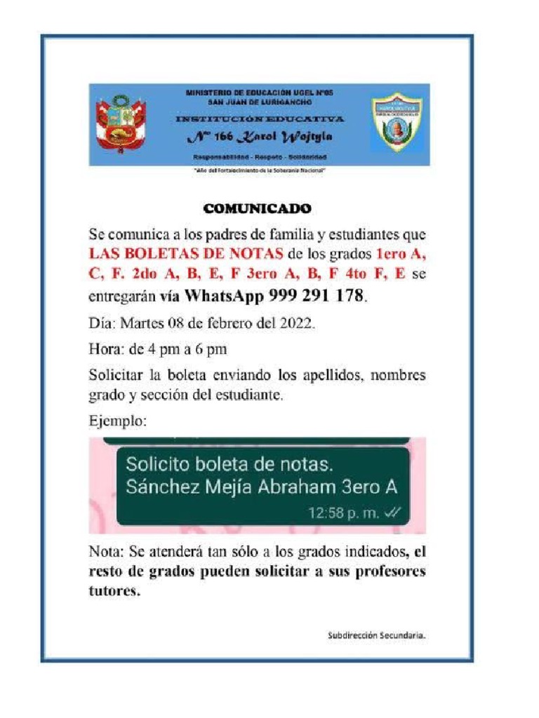 Boletas de Notas Comunicado | PDF