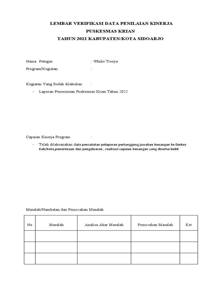 Lembar Verifikasi Kinerja PKP 2022 | PDF
