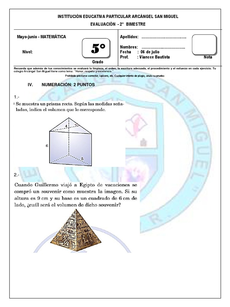 Evaluación Matemática 5° Grado | PDF