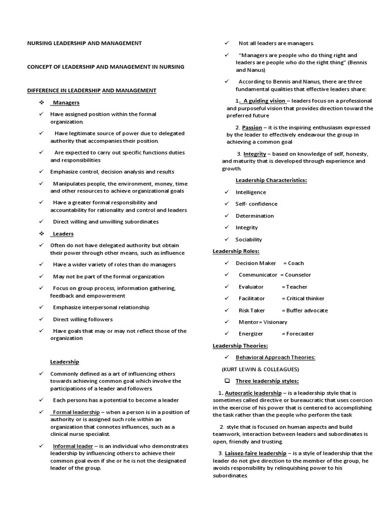 Nursing Leadership and Management Notes | PDF | Leadership | Nursing
