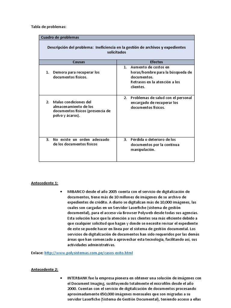 Cuadro de Problemas Descripción Del Problema: Ineficiencia en La ...
