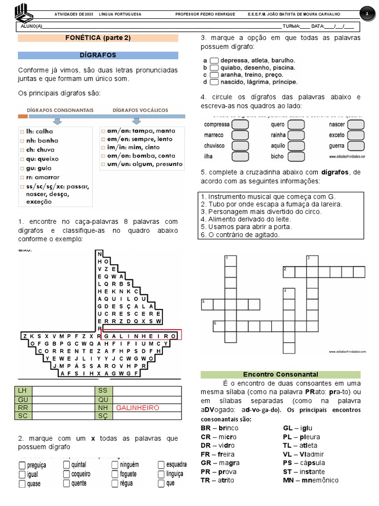 Encontros Consonantais e Dígrafos 2023 | PDF