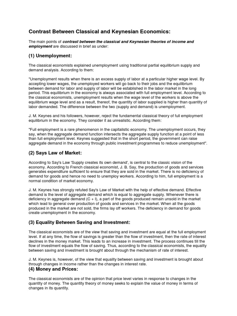 Contrast Between Classical and Keynesian Economics | PDF | Full ...