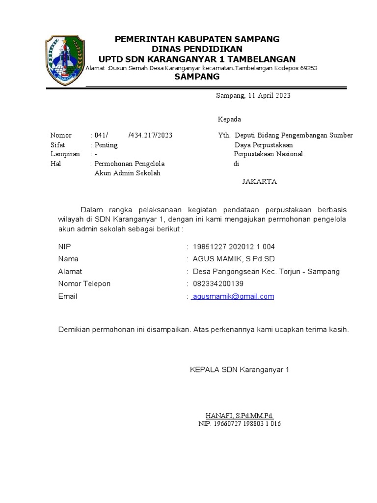 Surat Pendataan Perpus. Kec. Tambelangan | PDF