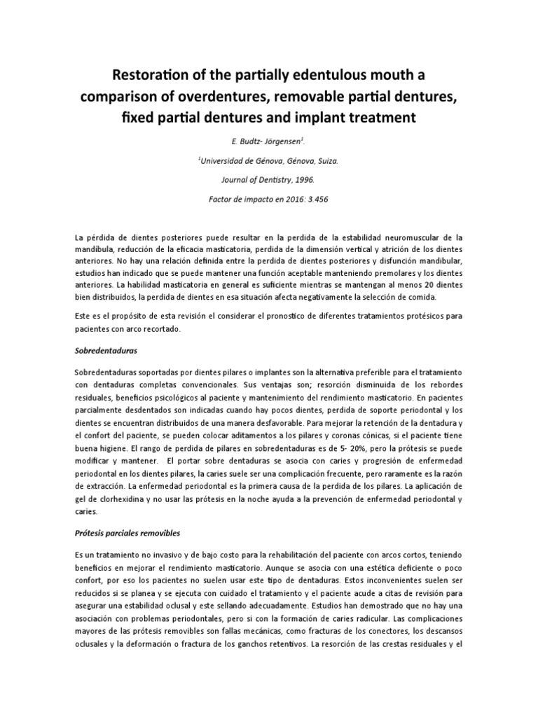 Restoration of The Partially Edentulous Mouth A Comparison of ...