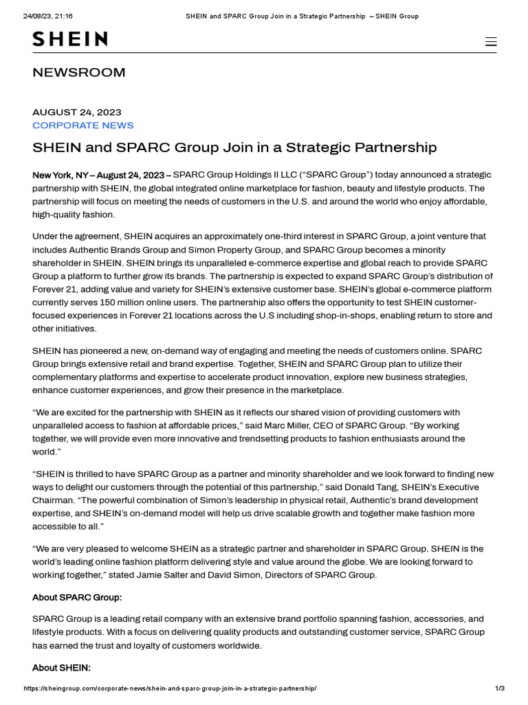 SHEIN and SPARC Group Join in A Strategic Partnership - SHEIN Group ...