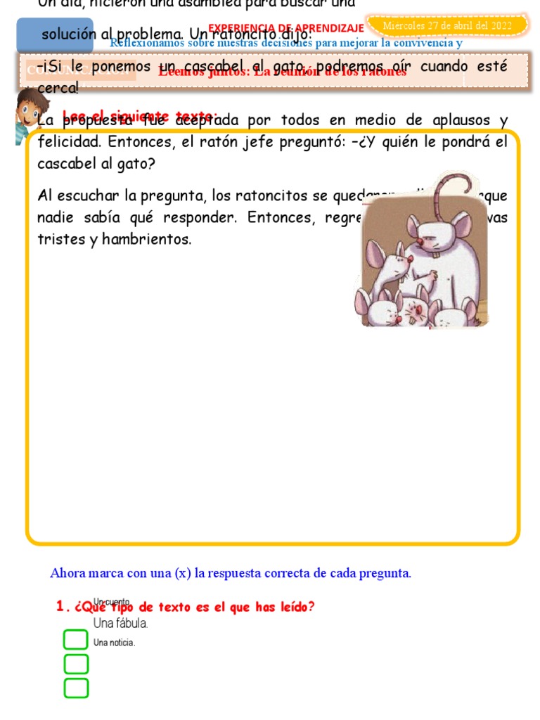 D3 A2 FICHA Leemos juntos La reunión de los ratones | PDF | Fábula