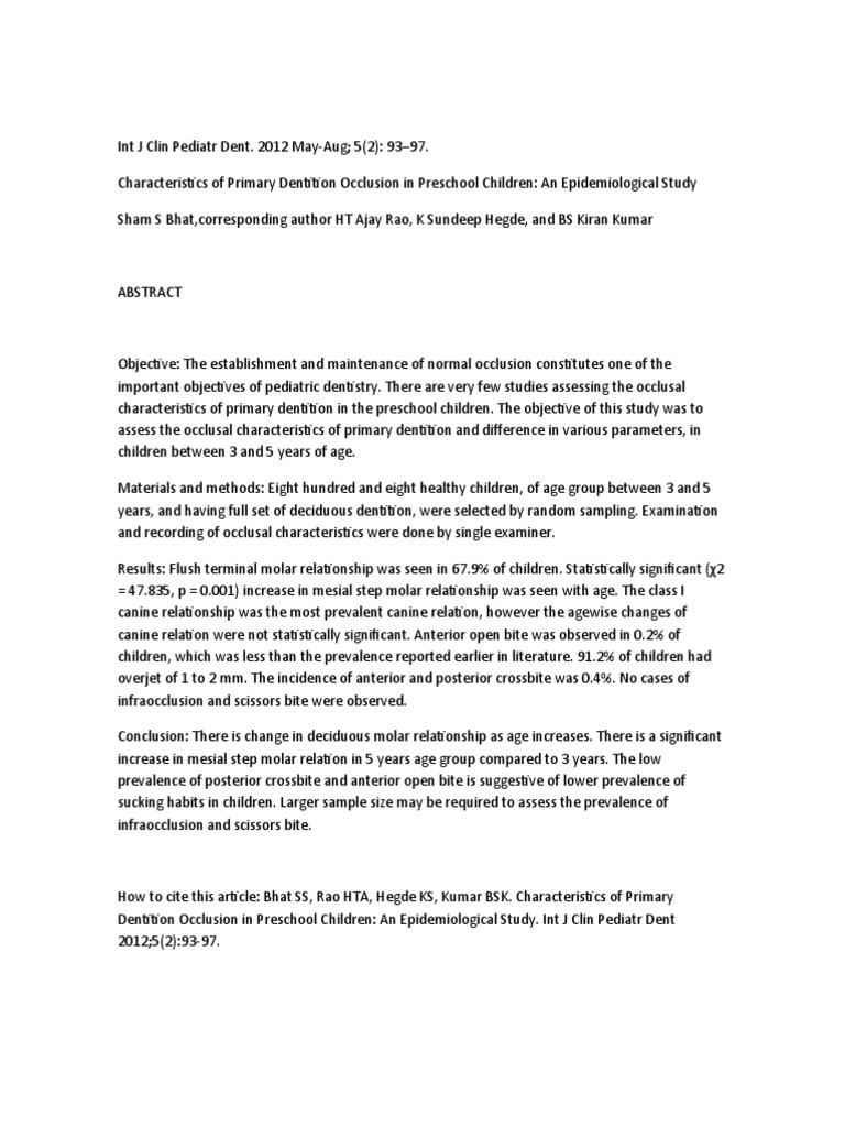 Characteristics of Primary Dentition Occlusion in Preschool Children ...