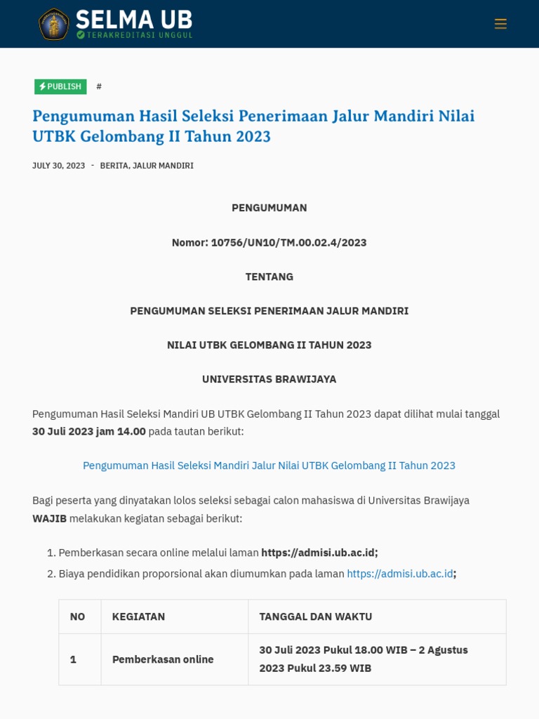 Rohmawan - Pengumuman Hasil Seleksi Penerimaan Jalur Mandiri Nilai UTBK ...