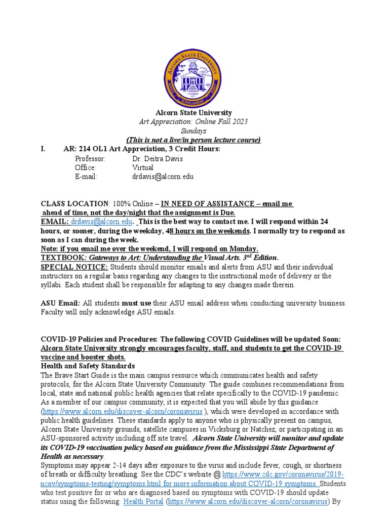 ASU Art App Syllabus FALL 2023 AR 214 OL1 | PDF | Academic Dishonesty | Title Ix