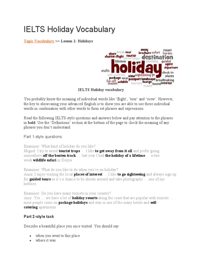 IELTS Holiday Vocabulary | PDF | Tourism