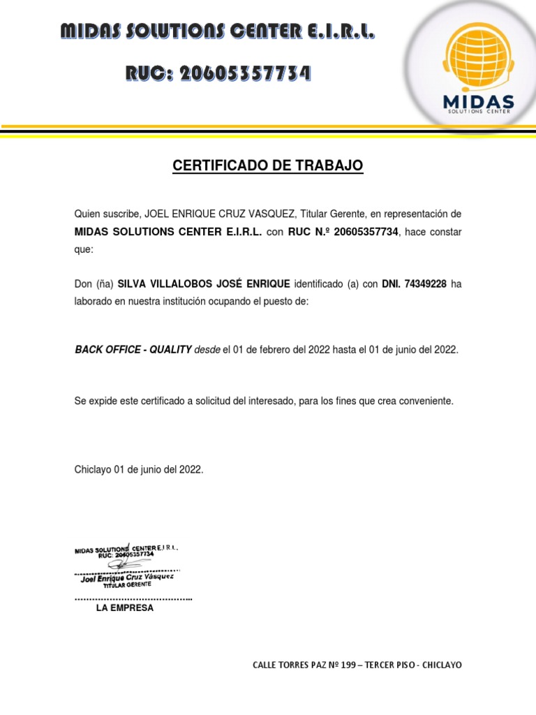 CERTIFICADO DE TRABAJO MIDAS 2022 | PDF