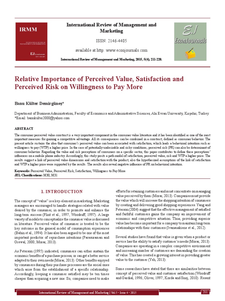 Relative Importance of Perceived Value, Satisfaction and Perceived Risk On Willingness To Pay ...