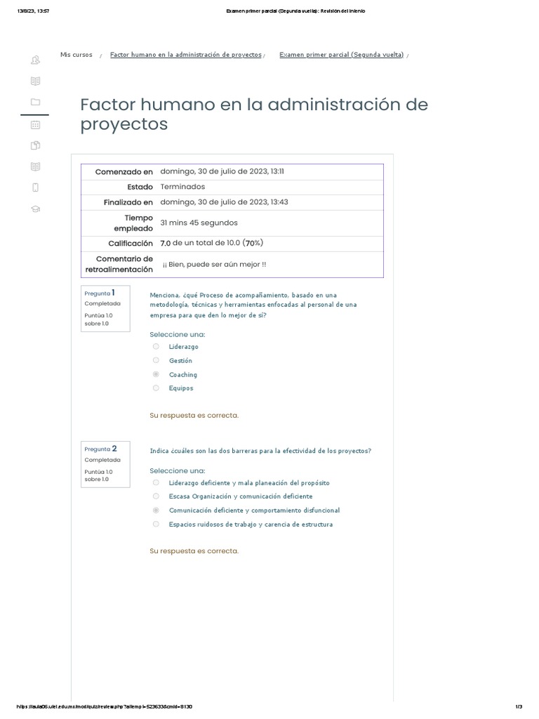 Examen Primer Parcial (Segunda Vuelta) - Revisión Del Intento Factor Humano en La Administracion ...