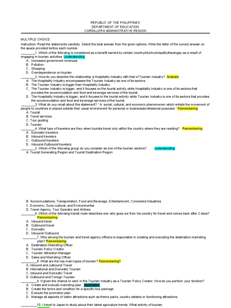 Tourism and Hospitality Exam Questions | PDF | Career & Growth | Business