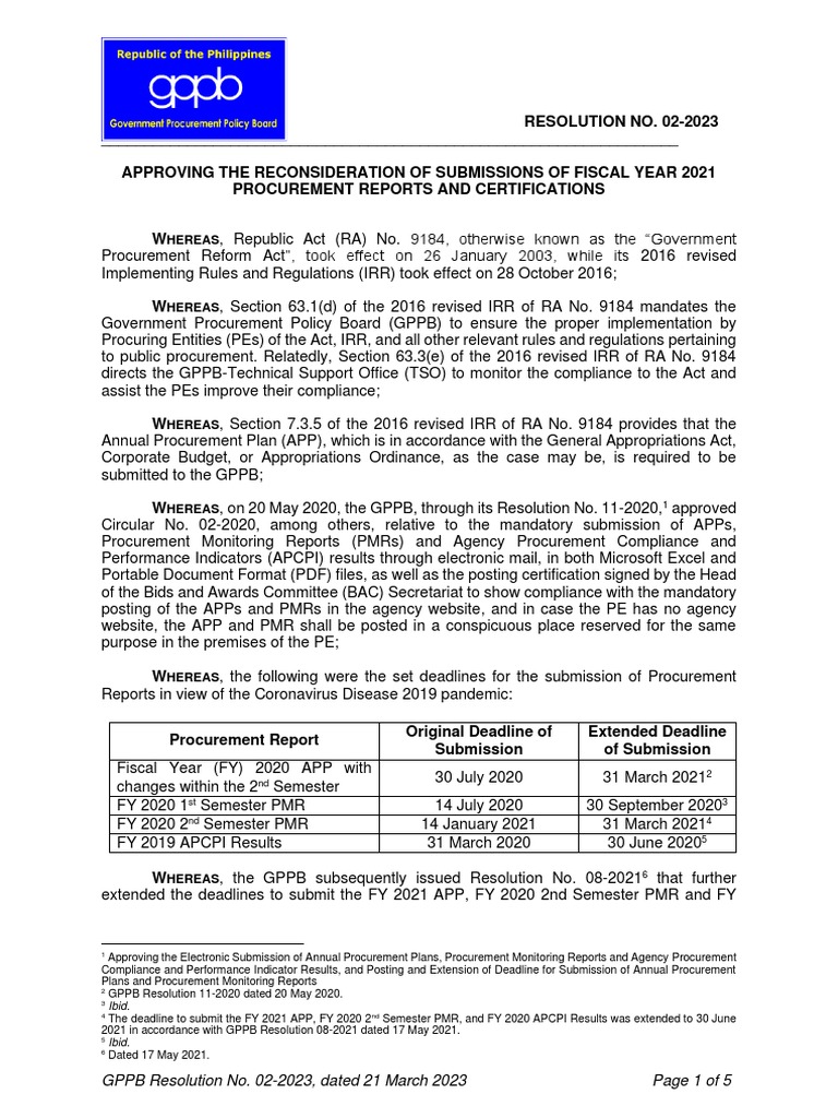 GPPB Resolution No-02-2023 - Reconsideration of The Procurement Reports and Certfifications of ...