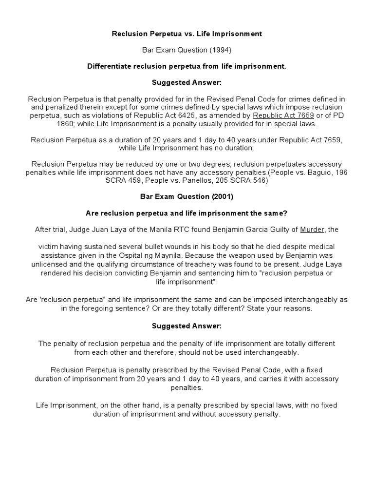 Reclusion Perpetua Vs Life Imprisonment | PDF